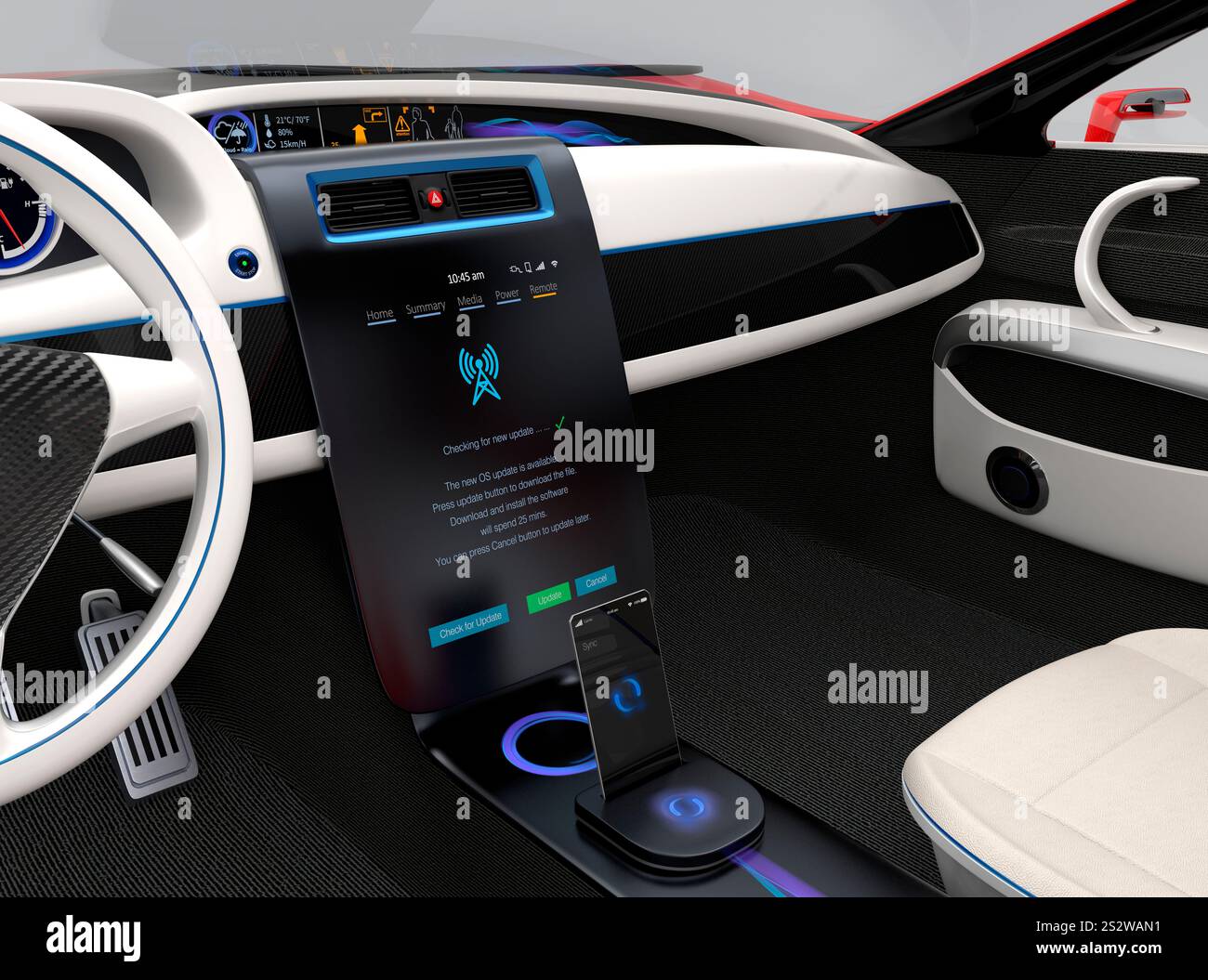 Wireless software update operating screen in the car console. Internet ...