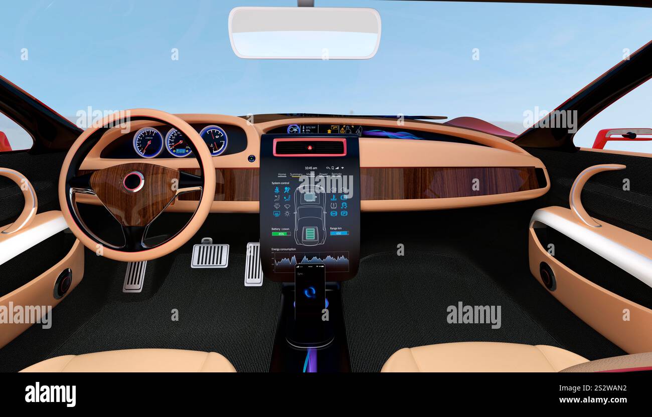Woodgrain car console panel with in-car control buttons Stock Photo - Alamy