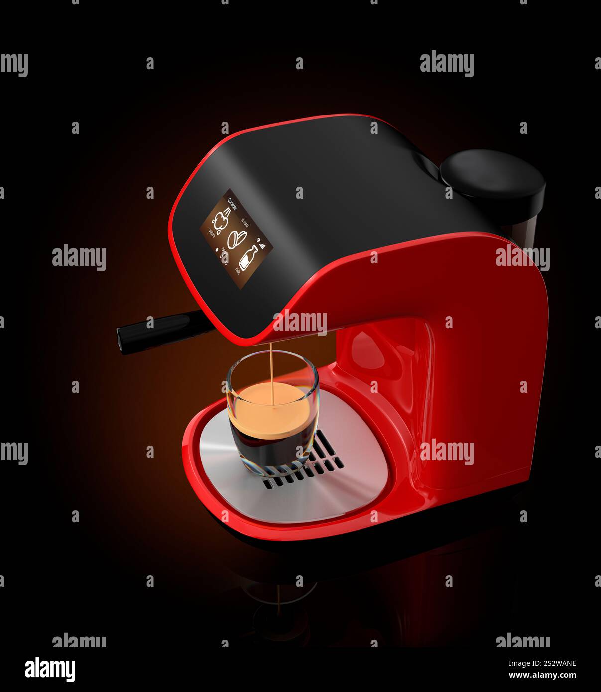 Red espresso coffee machine floating above black background Stock Photo ...