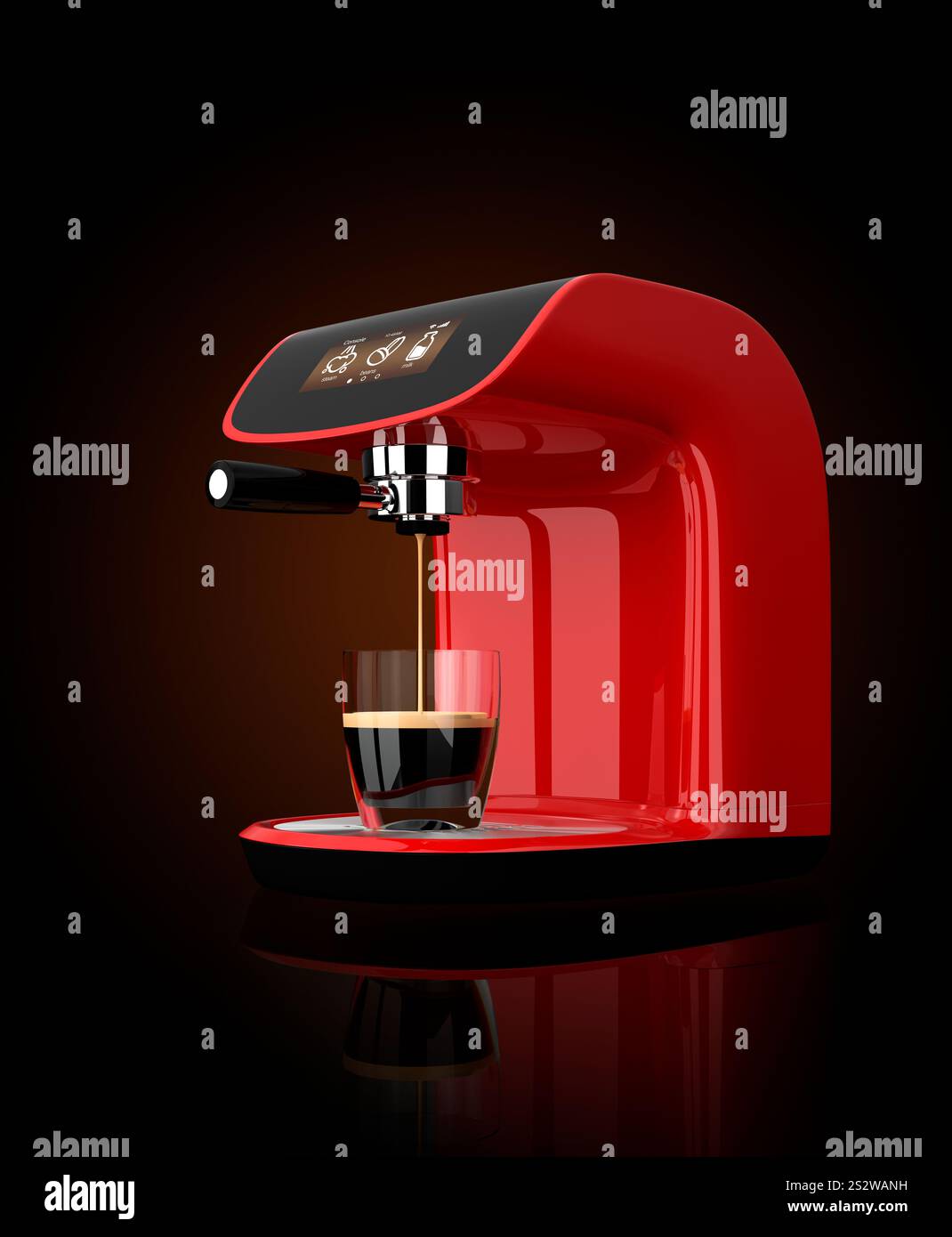 Red espresso coffee machine floating above black background Stock Photo ...