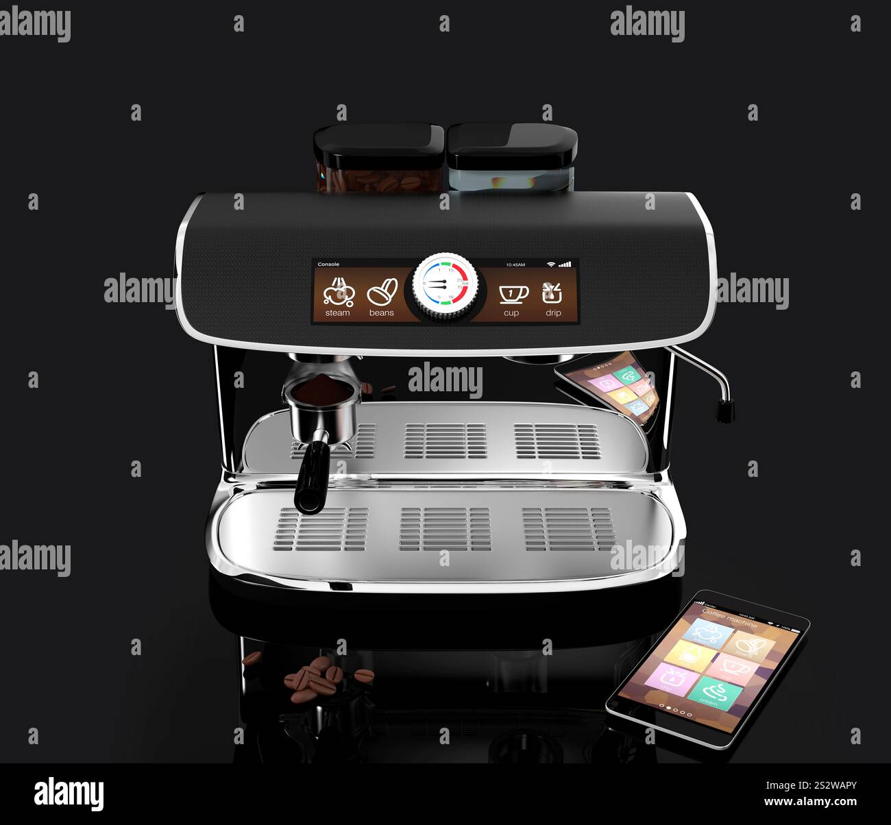 Chrome-plated espresso machine and smartphone Stock Photo - Alamy
