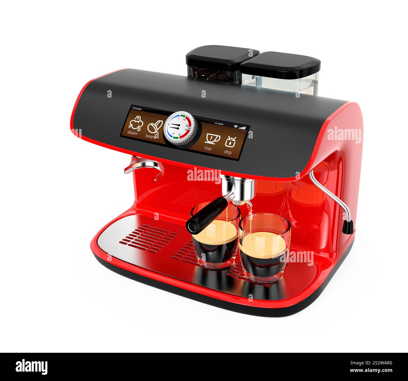 Red Large espresso machine extracting espresso Stock Photo - Alamy