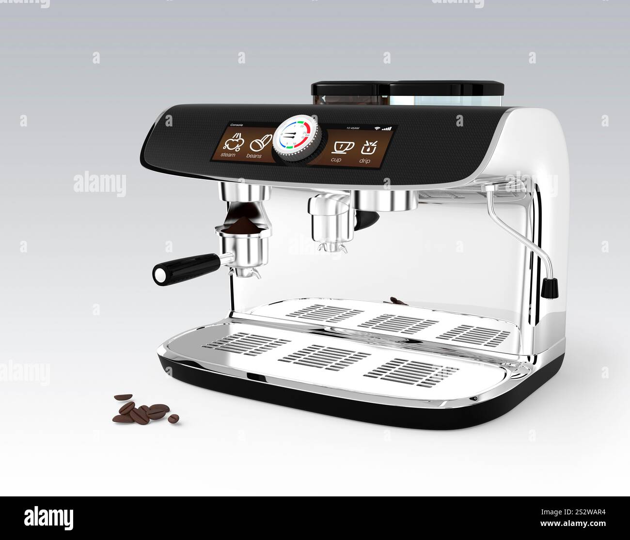 Chrome-plated large espresso machine extracting espresso Stock Photo ...