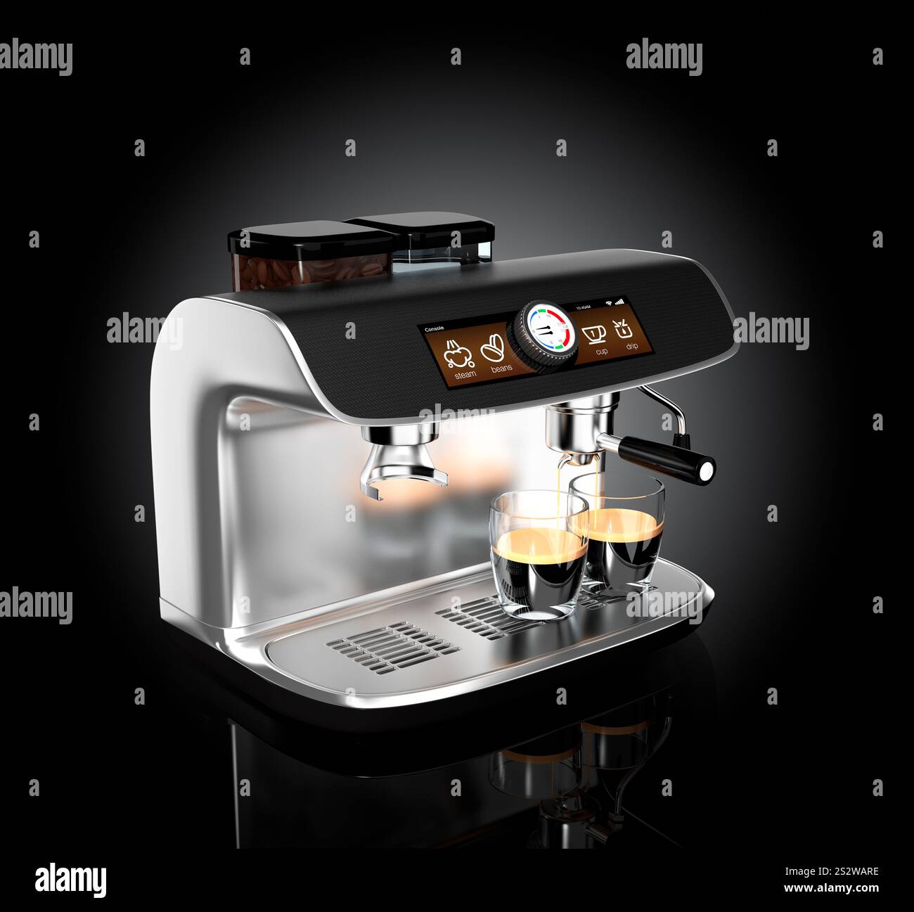 Chrome-plated large espresso machine extracting espresso Stock Photo ...