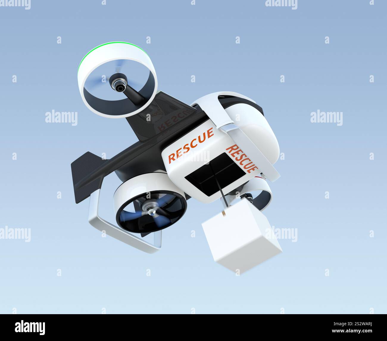 Hovering hybrid drone drops cardboard boxes Stock Photo - Alamy