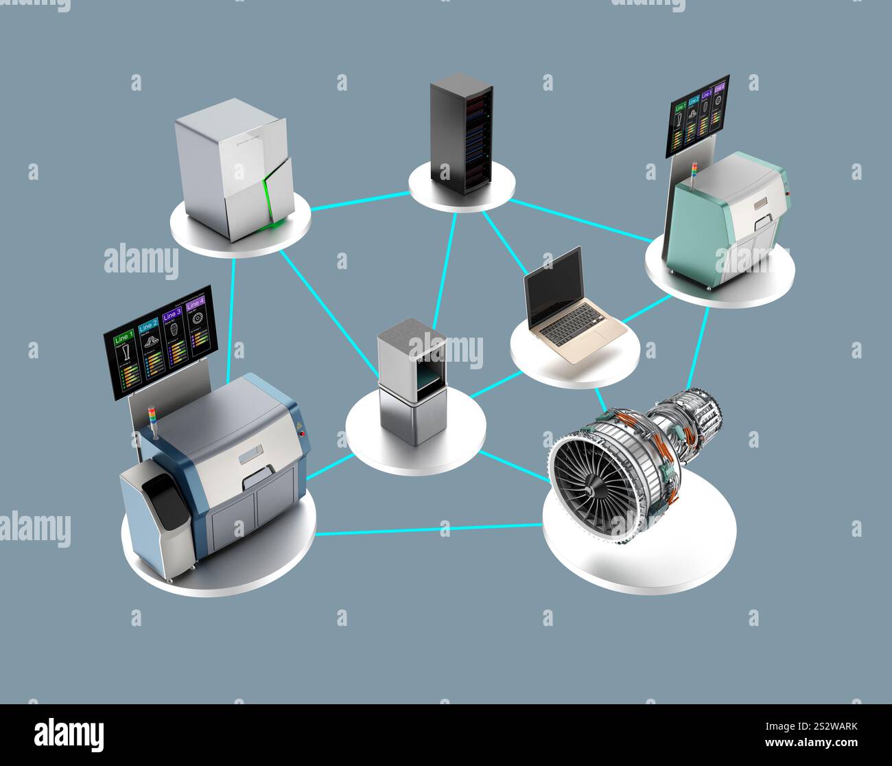 Smart factory concept, collaboration with 3D printers, machining ...