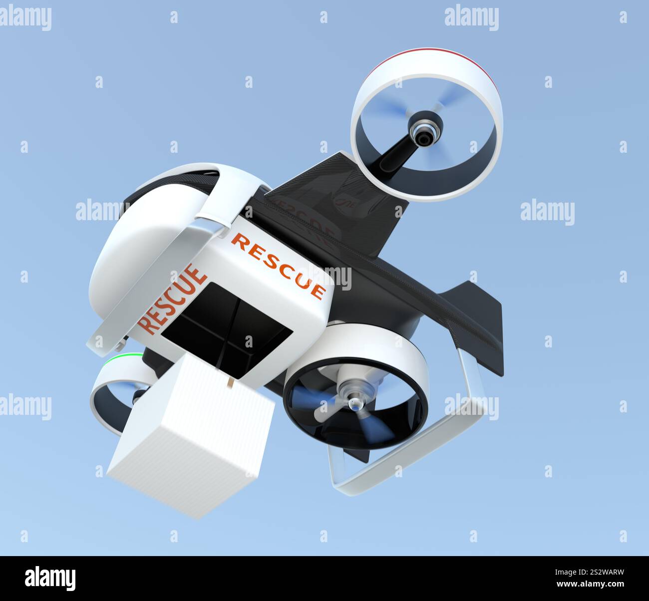 Hovering hybrid drone drops cardboard boxes Stock Photo - Alamy