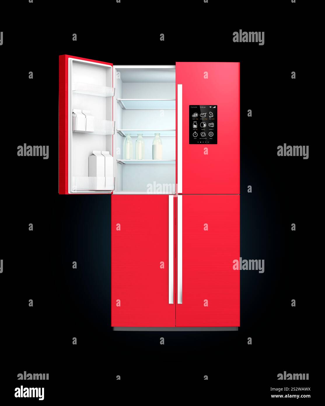 Smar fridge door with touch screen open and empty milk bottle visible ...
