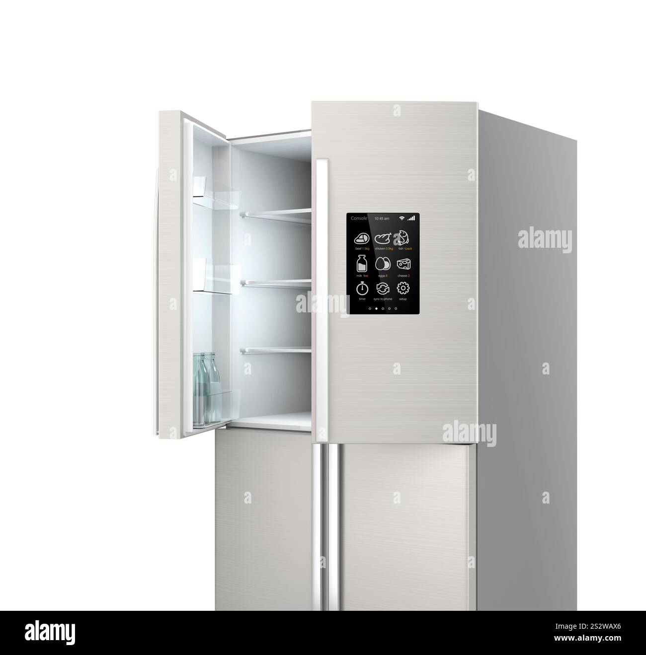 Various icons on the touch screen of an open fridge, concept of an ...