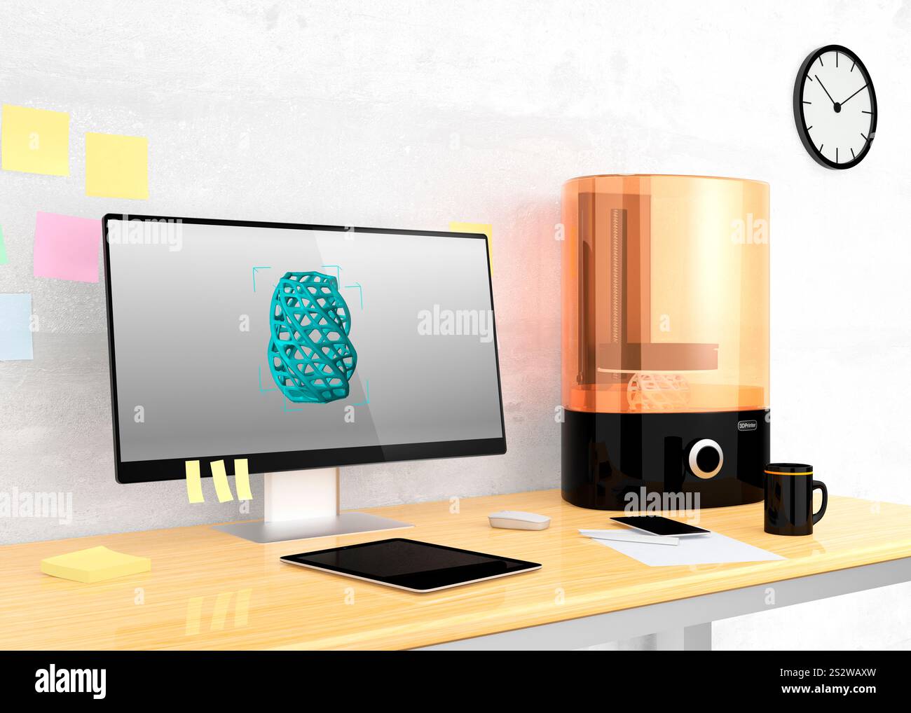Optical 3D printer and laptop computer. The 2D model is displayed on ...