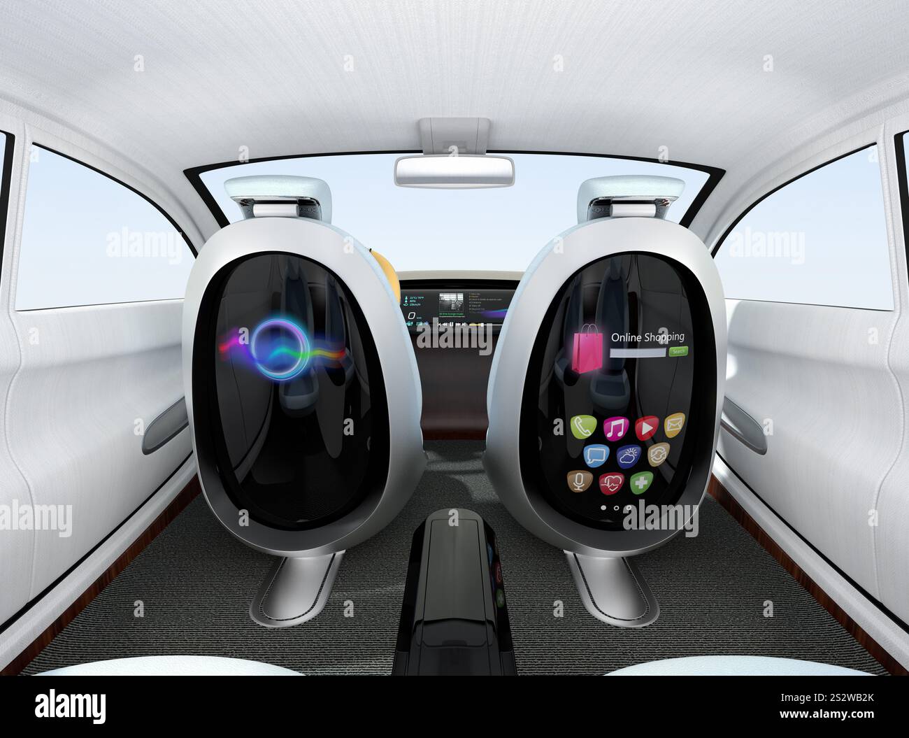 Interior image of an automated car. The display at the rear of the seat ...
