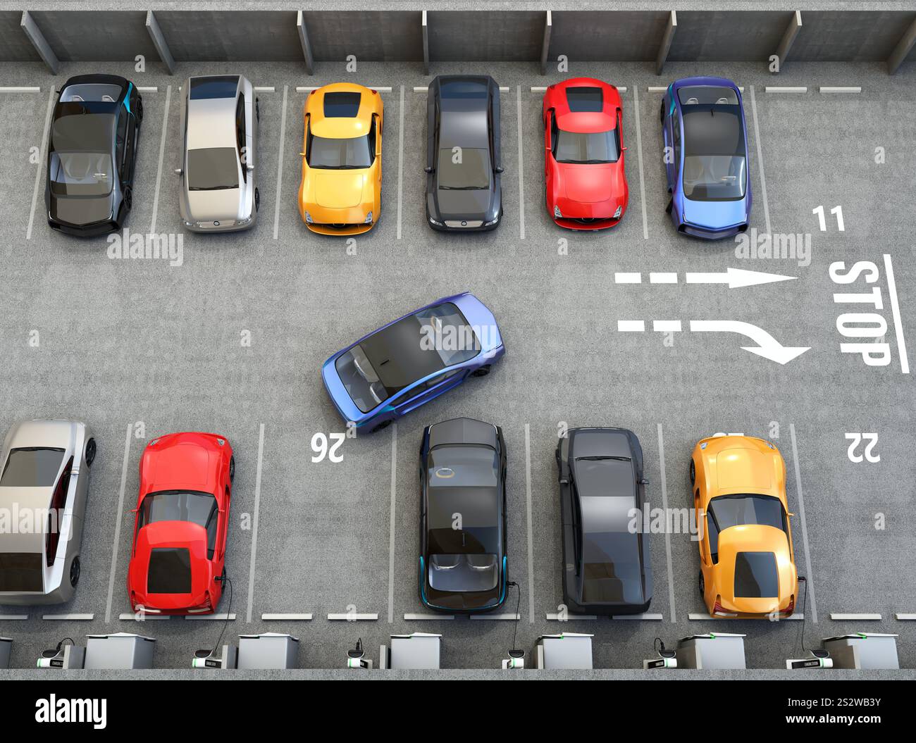 Bird's-eye view of parking lot with blue car backing into parking space ...