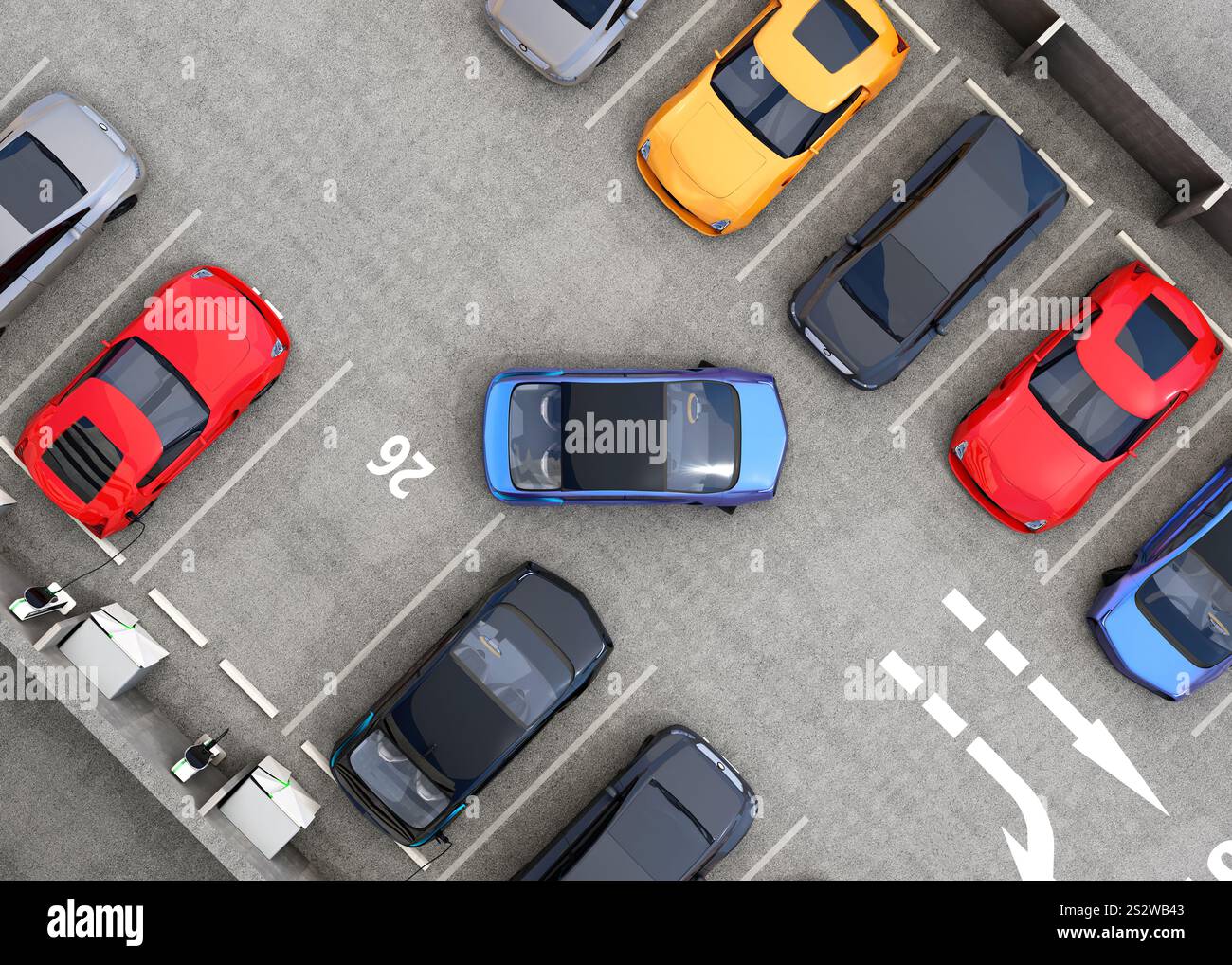 Bird's-eye view of parking lot with blue car backing into parking space ...