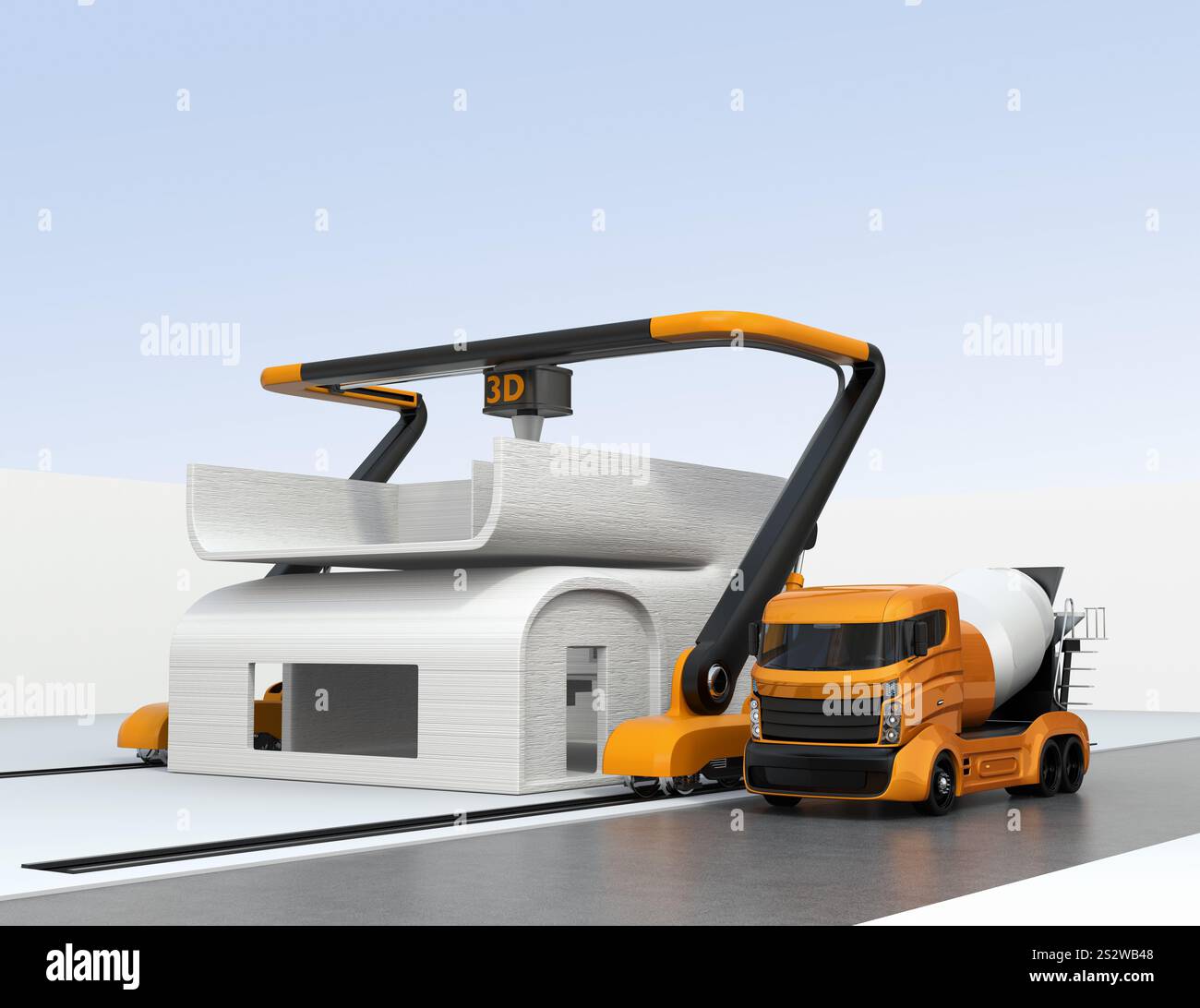 Large industrial 3D printer and mixer truck; 3D printer prints house ...