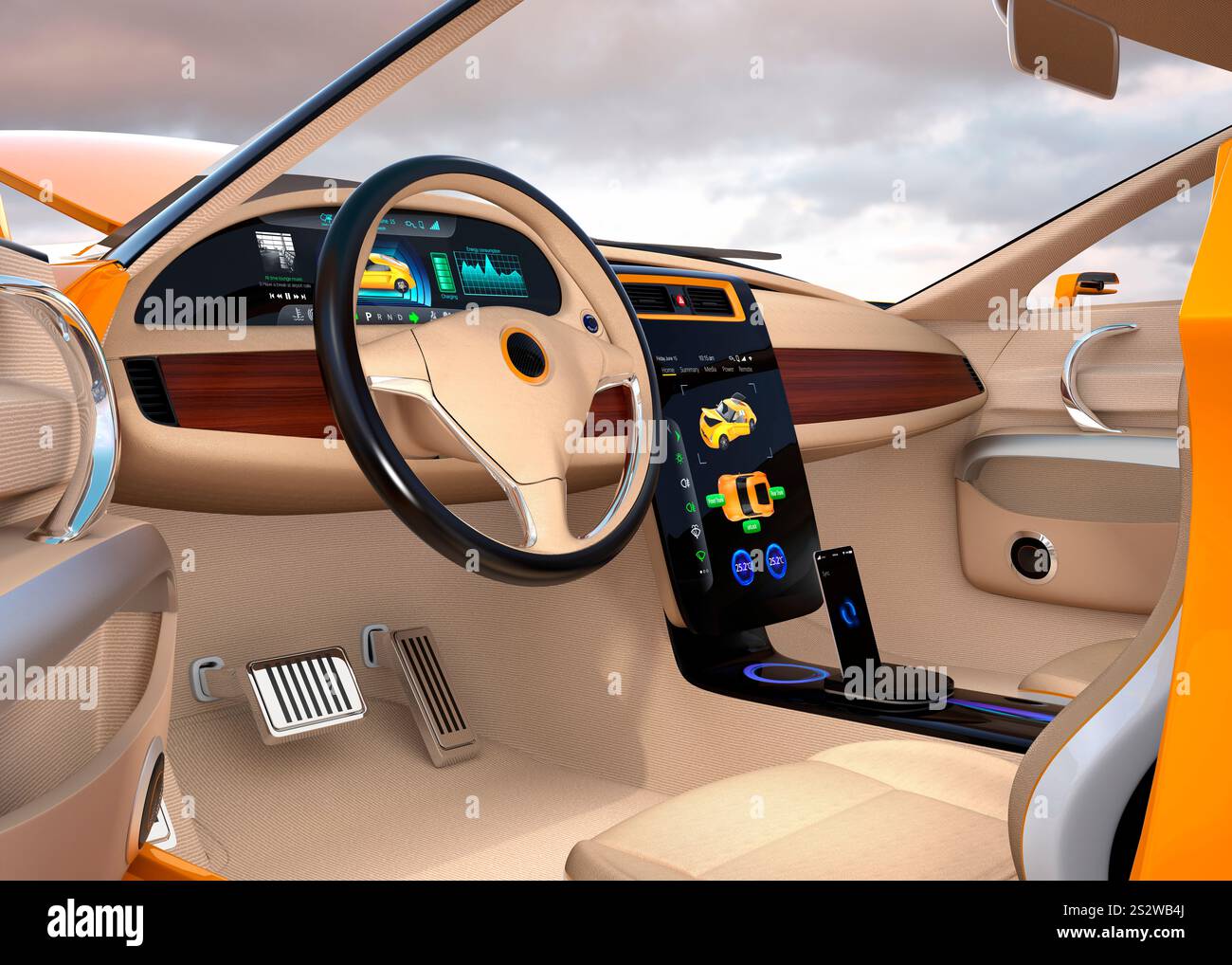 Electric car interior with large touch screen. The car can be ...