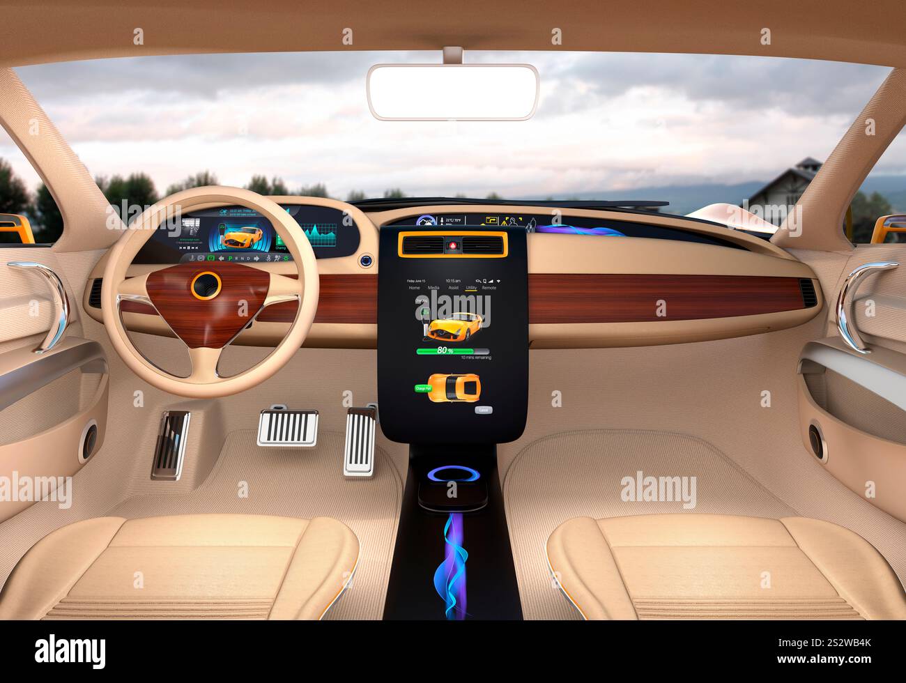 Electric vehicle centre display showing car charging status in progress ...