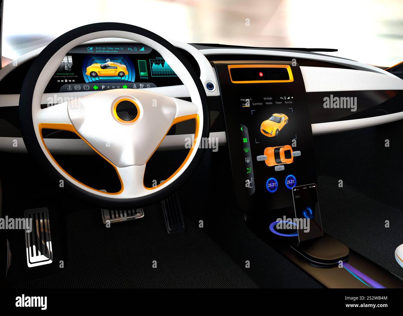 Electric car interior with large touch screen. The car can be ...