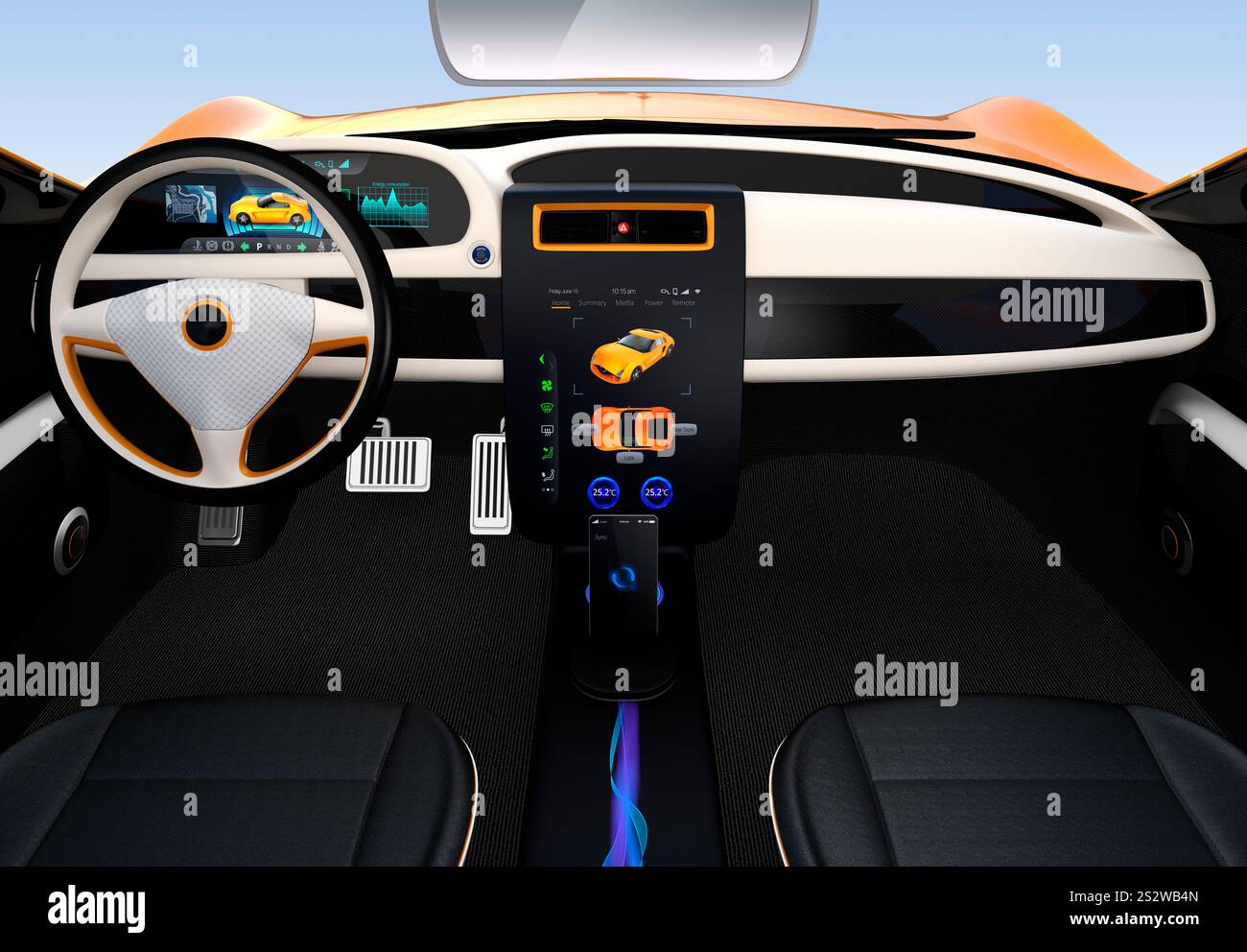 Electric car interior with large touch screen. The car can be ...