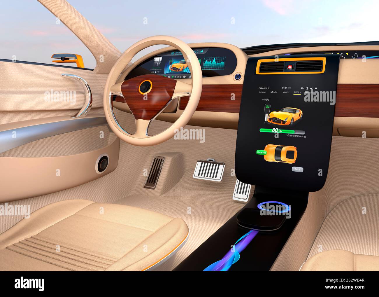 Electric vehicle centre display showing car charging status in progress ...