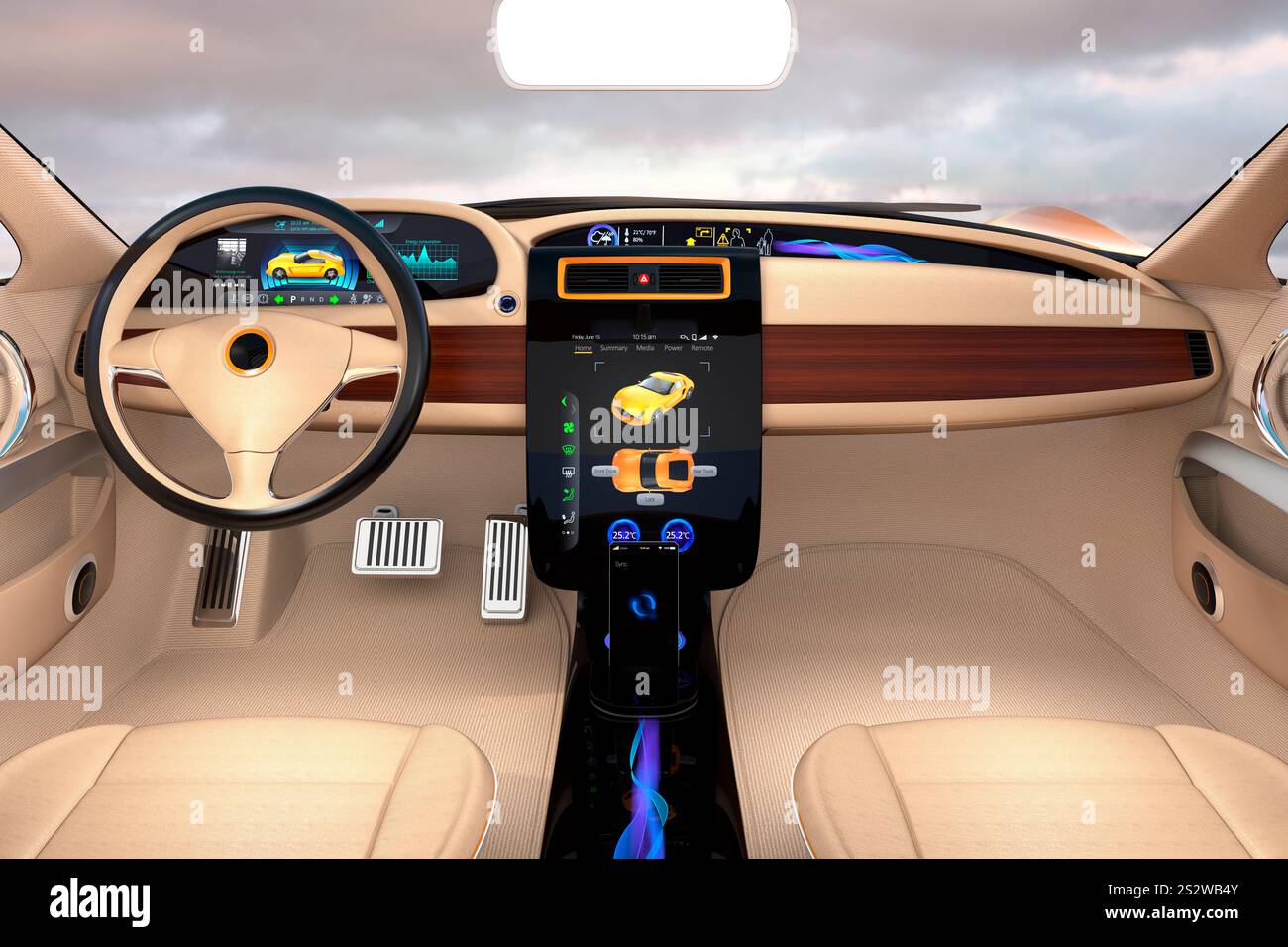 Electric car interior with large touch screen. The car can be ...