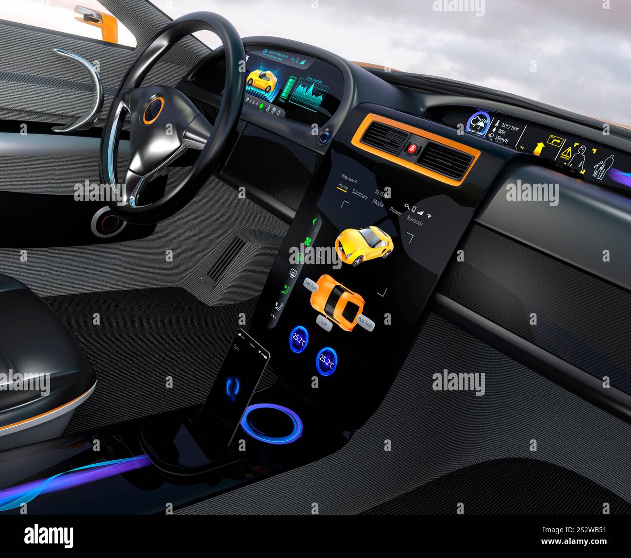 Interior of an electric vehicle with large touchscreen. The vehicle can ...