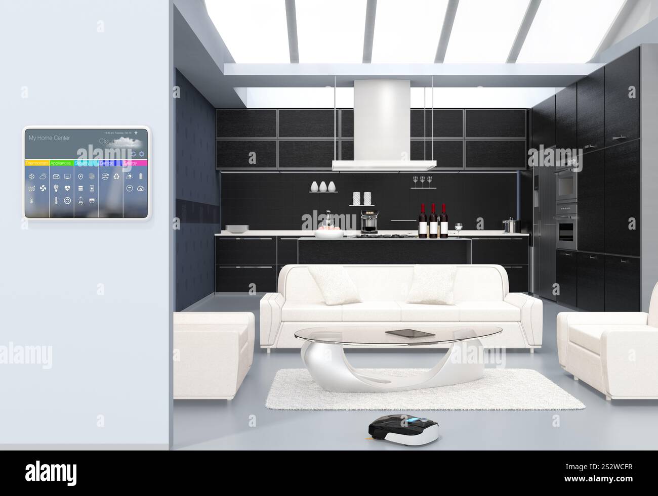 Smart home console panel next to the kitchen. Touch controls for ...