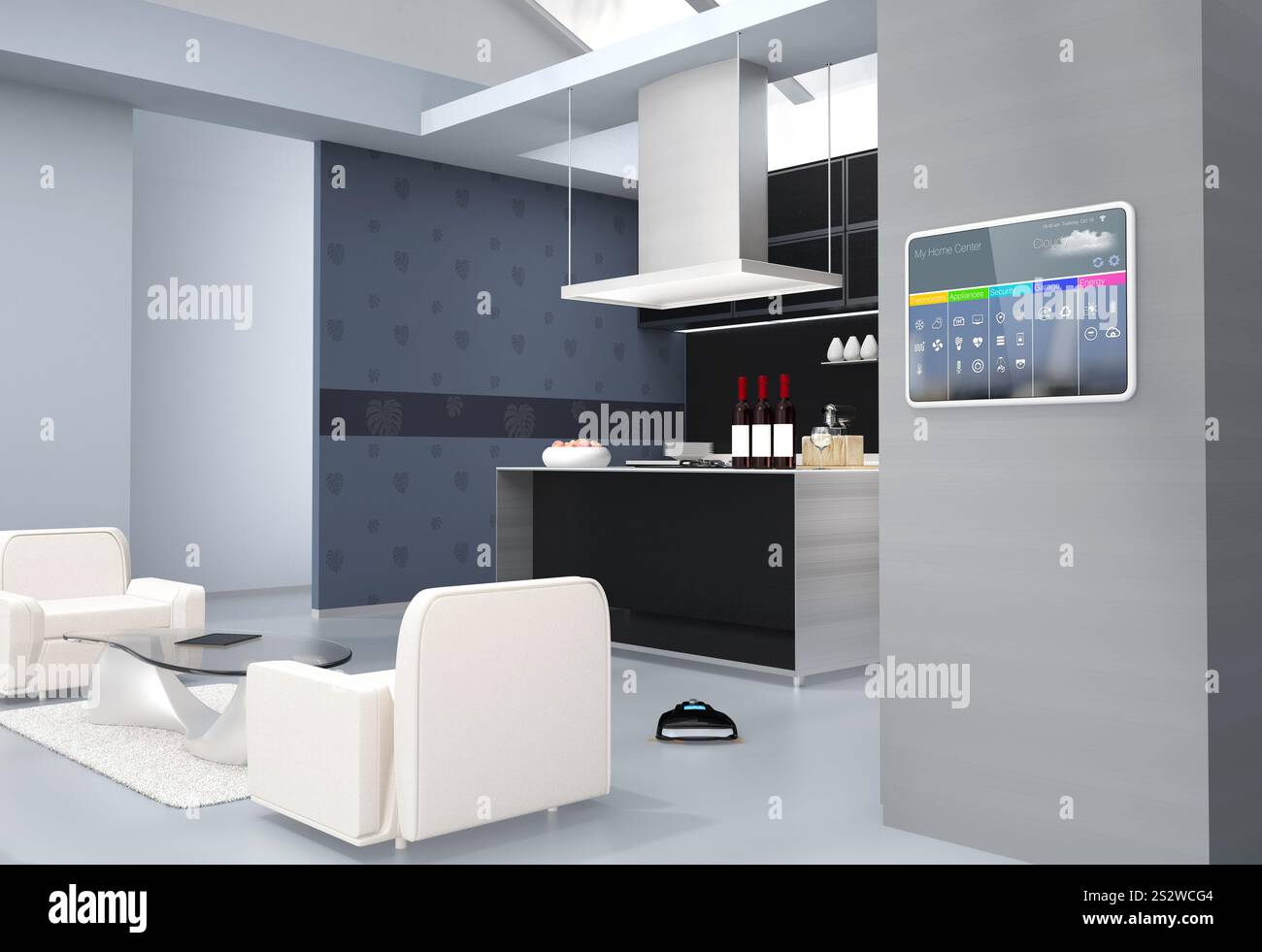 Smart home console panel next to the kitchen. Touch controls for ...