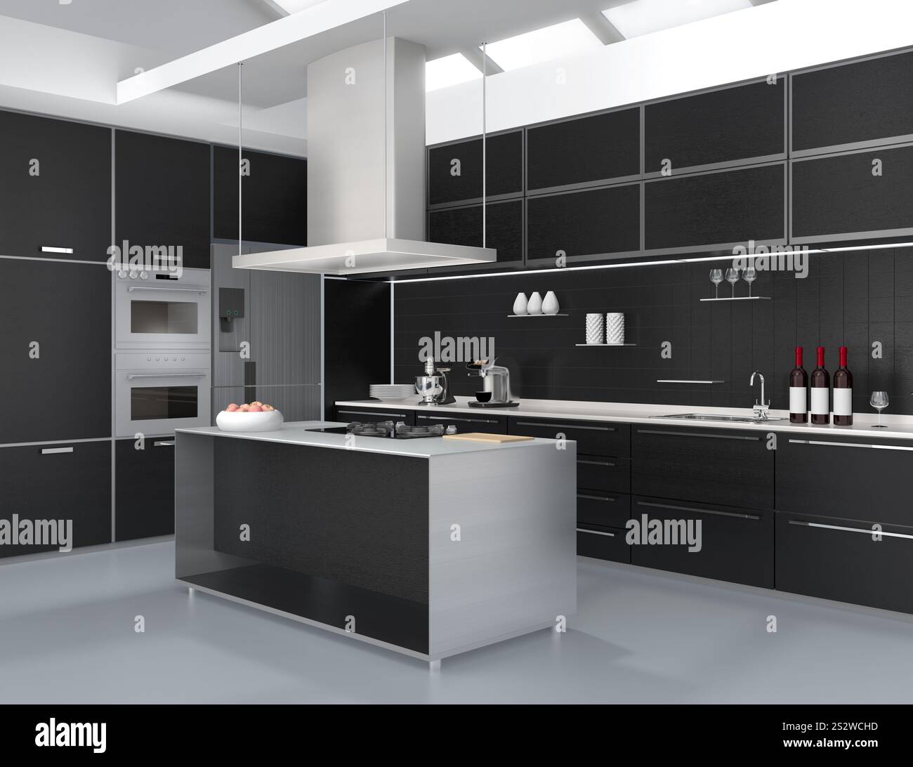 Monotone themed island system kitchen interior image Stock Photo - Alamy
