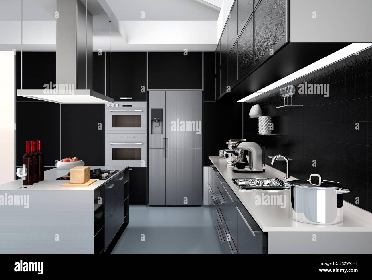 Monotone themed island system kitchen interior image Stock Photo - Alamy