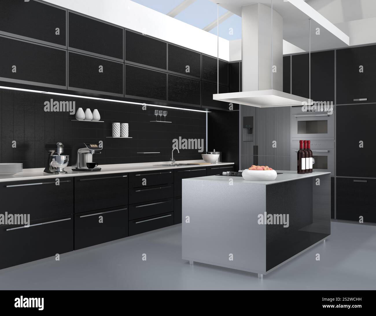Monotone themed island system kitchen interior image Stock Photo - Alamy