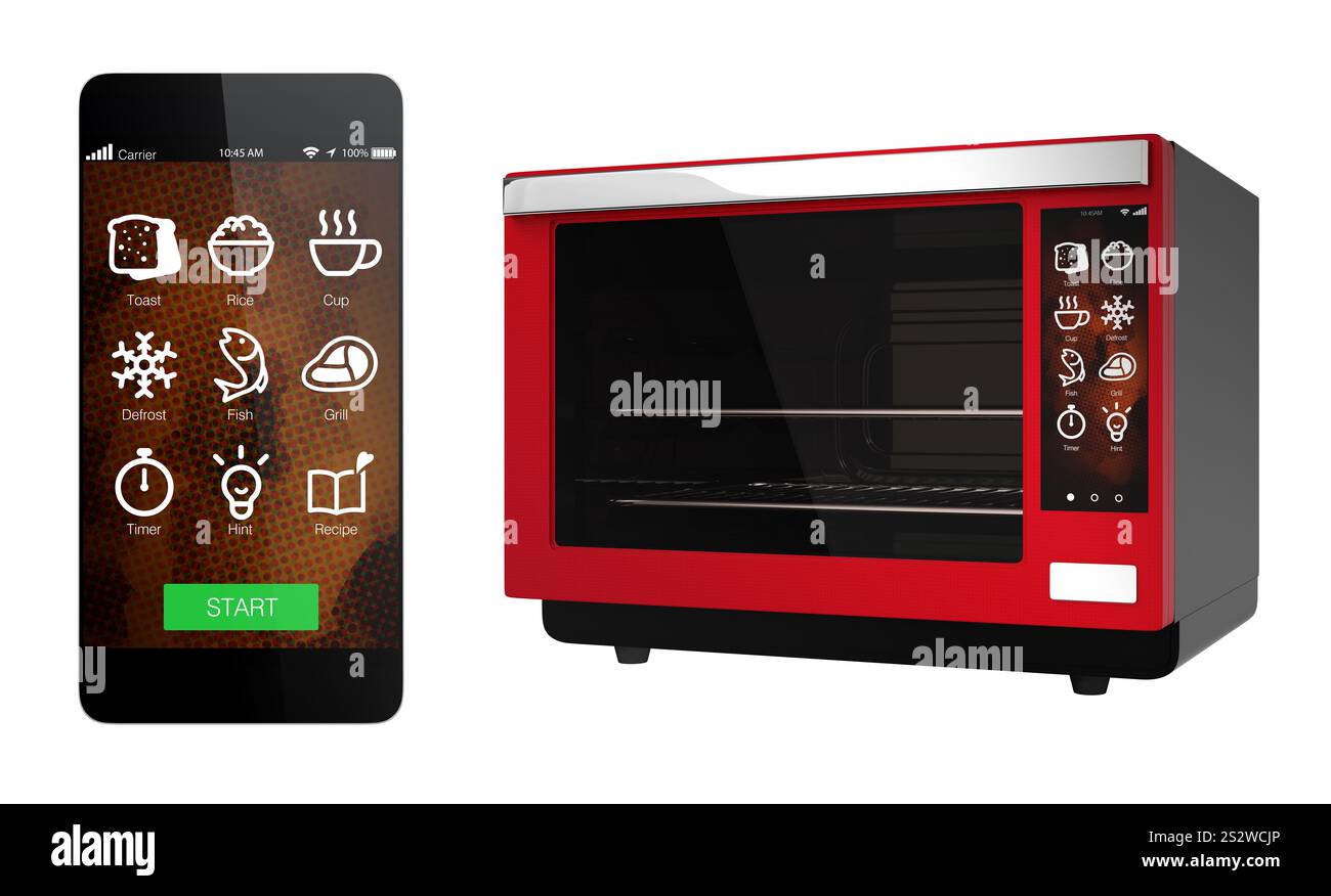 Microwave oven with touch screen. Internet of Things concept linked to ...