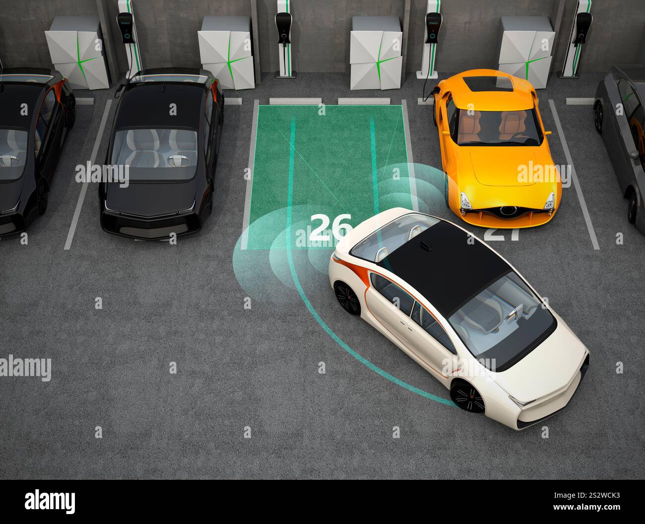 White car backing into a parking space equipped with a charging station ...