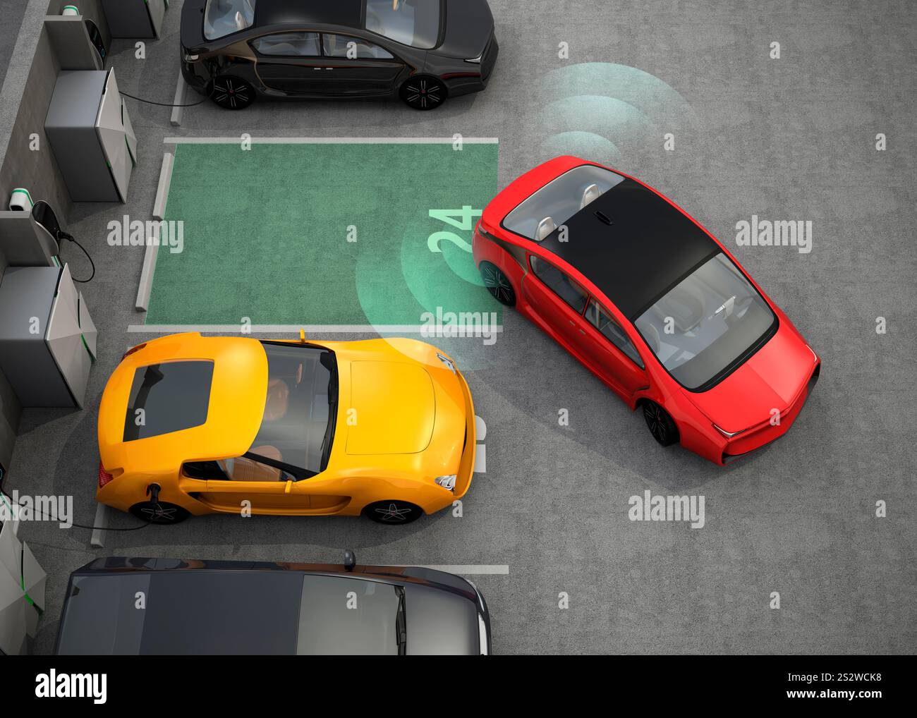 Red car backing into a parking space equipped with a charging station ...