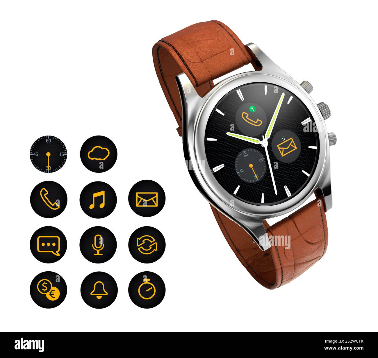 Smartwatch with leather band. Analogue dial, hands and digital screen ...