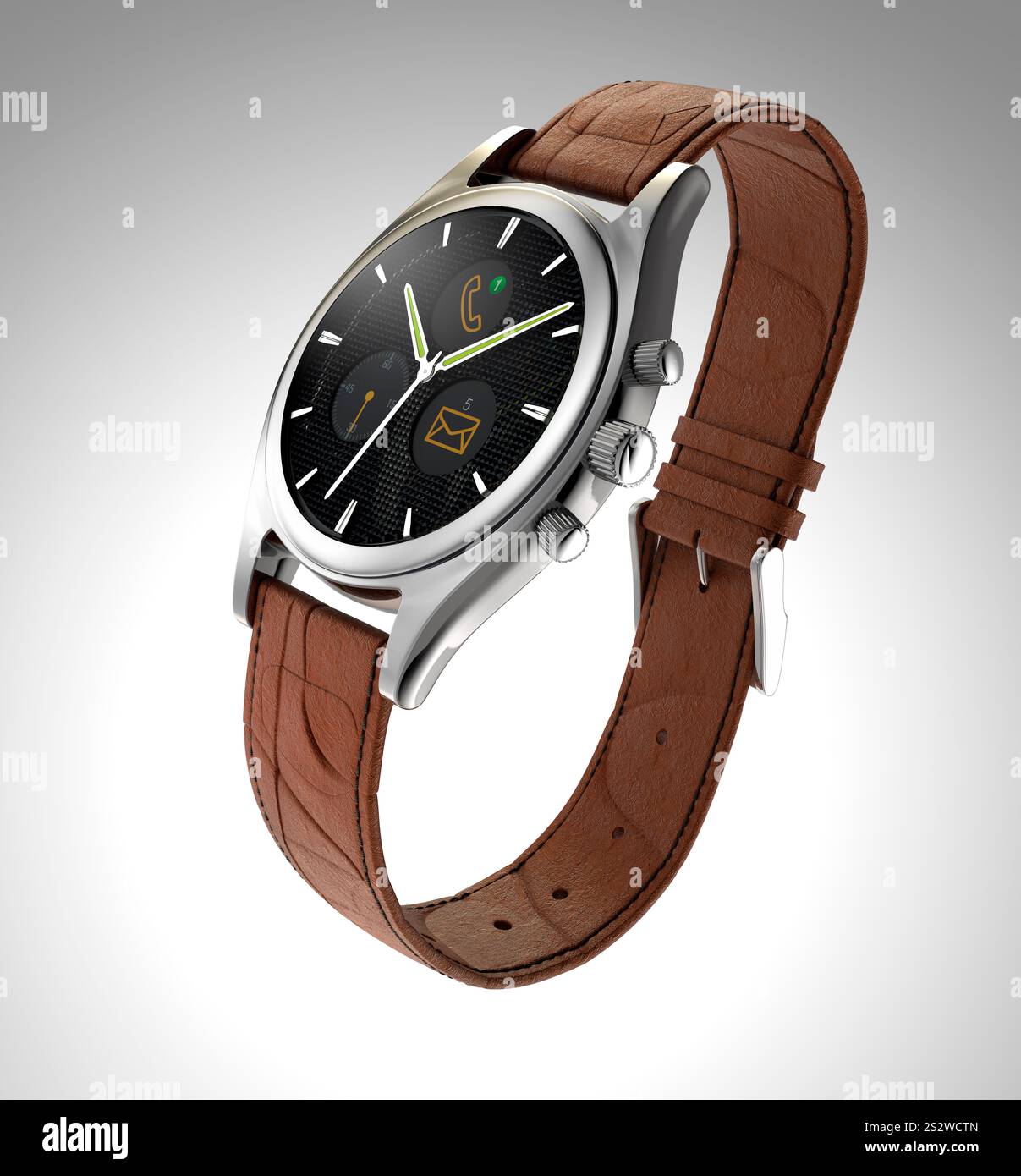 Smartwatch with leather band. Analogue dial, hands and digital screen ...