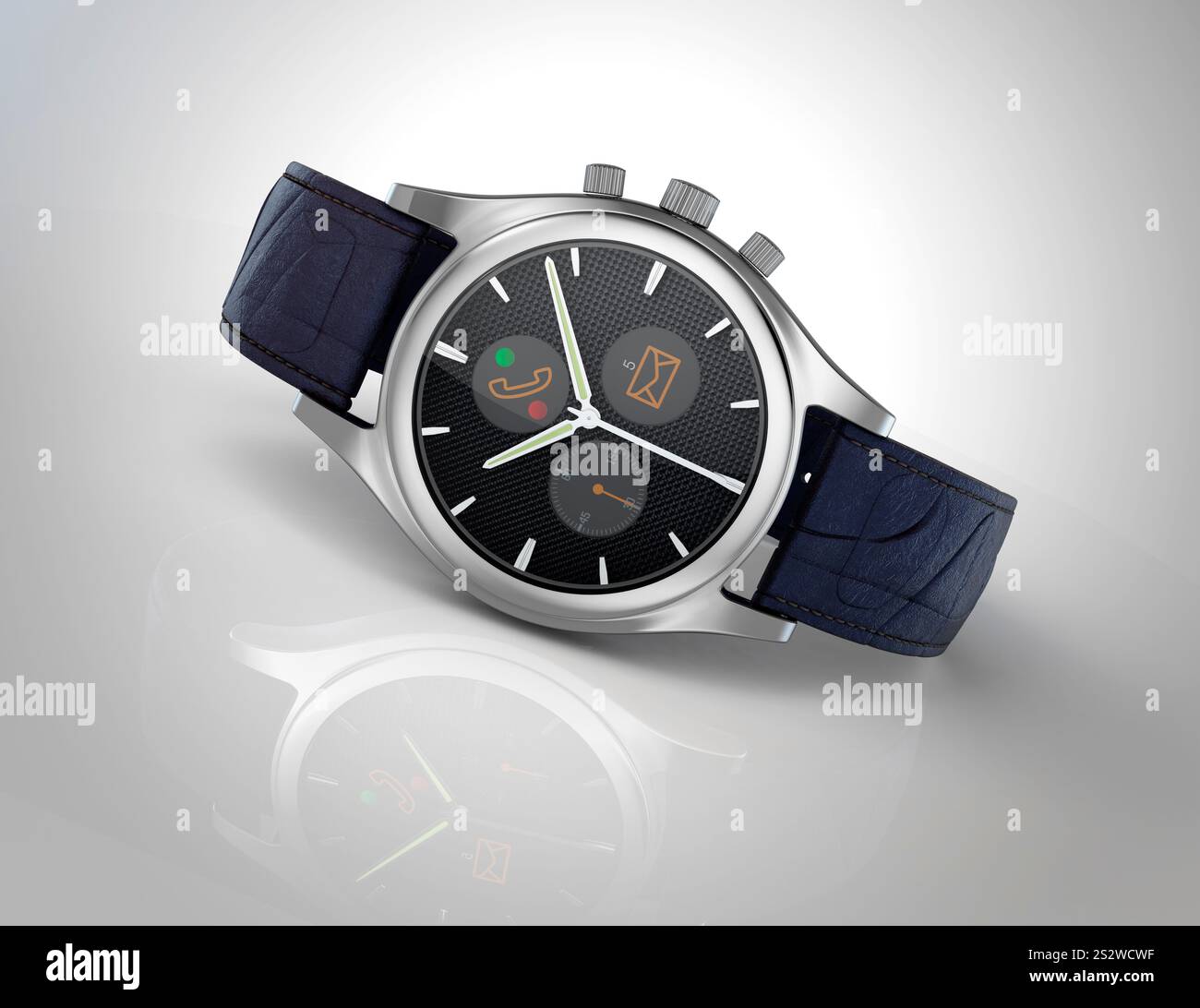Smartwatch with leather band. Analogue dial, hands and digital screen ...