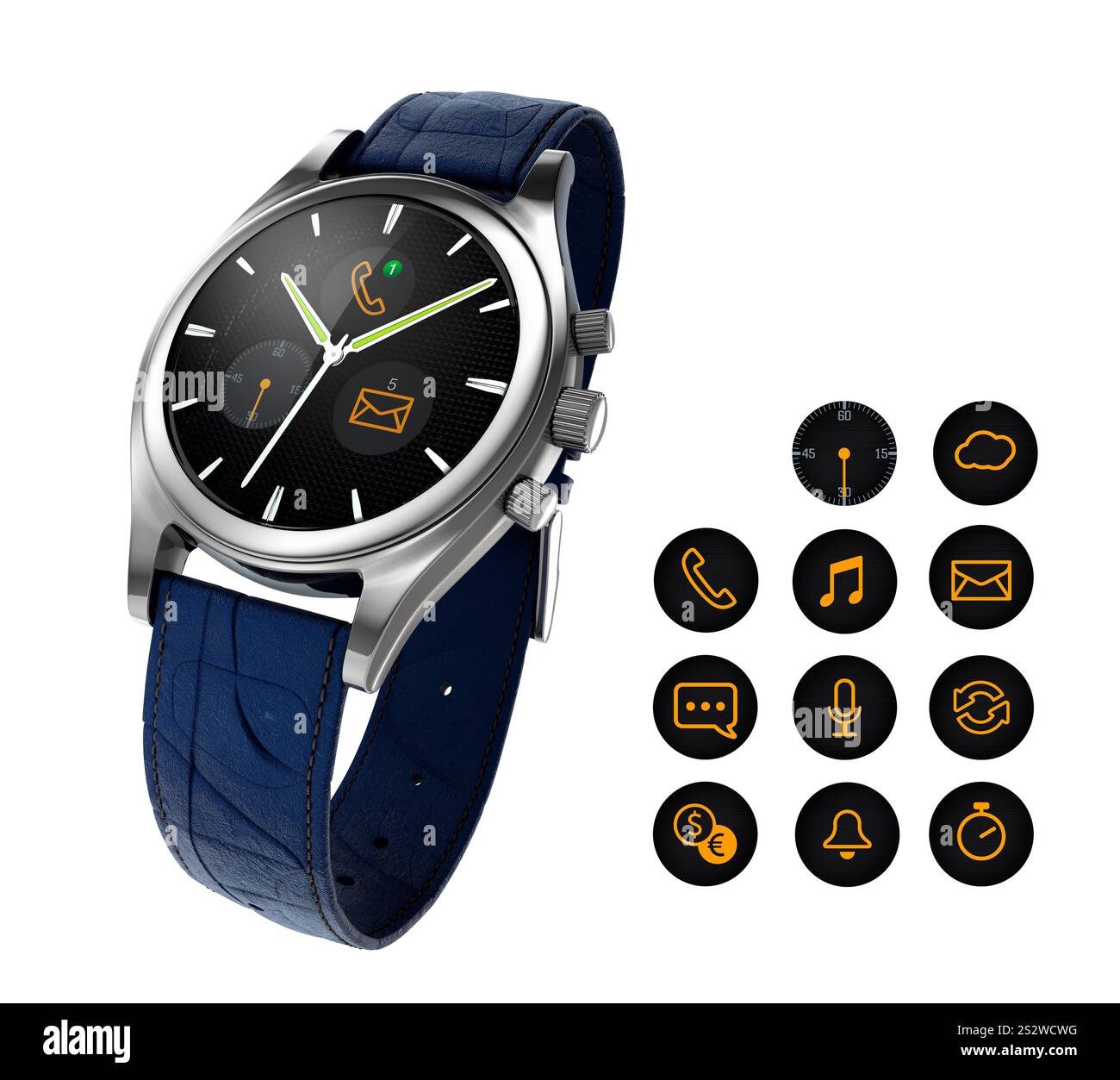 Smartwatch with leather band. Analogue dial, hands and digital screen ...