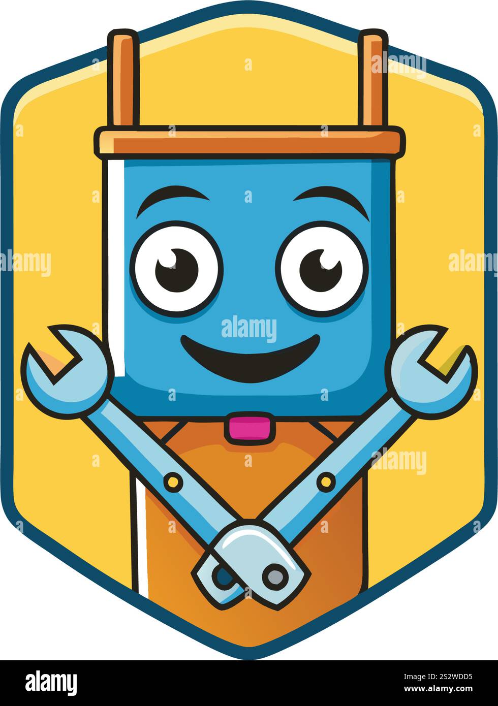 Cartoon repairman icon with bright orange helmet, tools, and cheerful ...