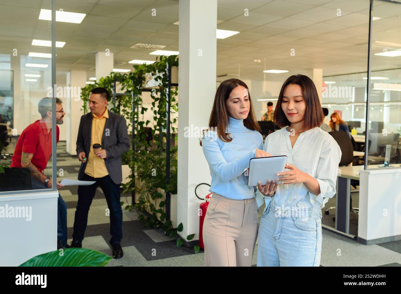 Portrait of diverse female colleagues talking about project strategy at ...