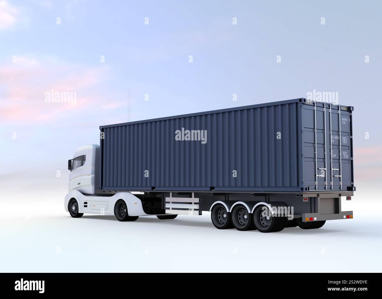 Metallic blue truck carrying a dark blue container Stock Photo - Alamy