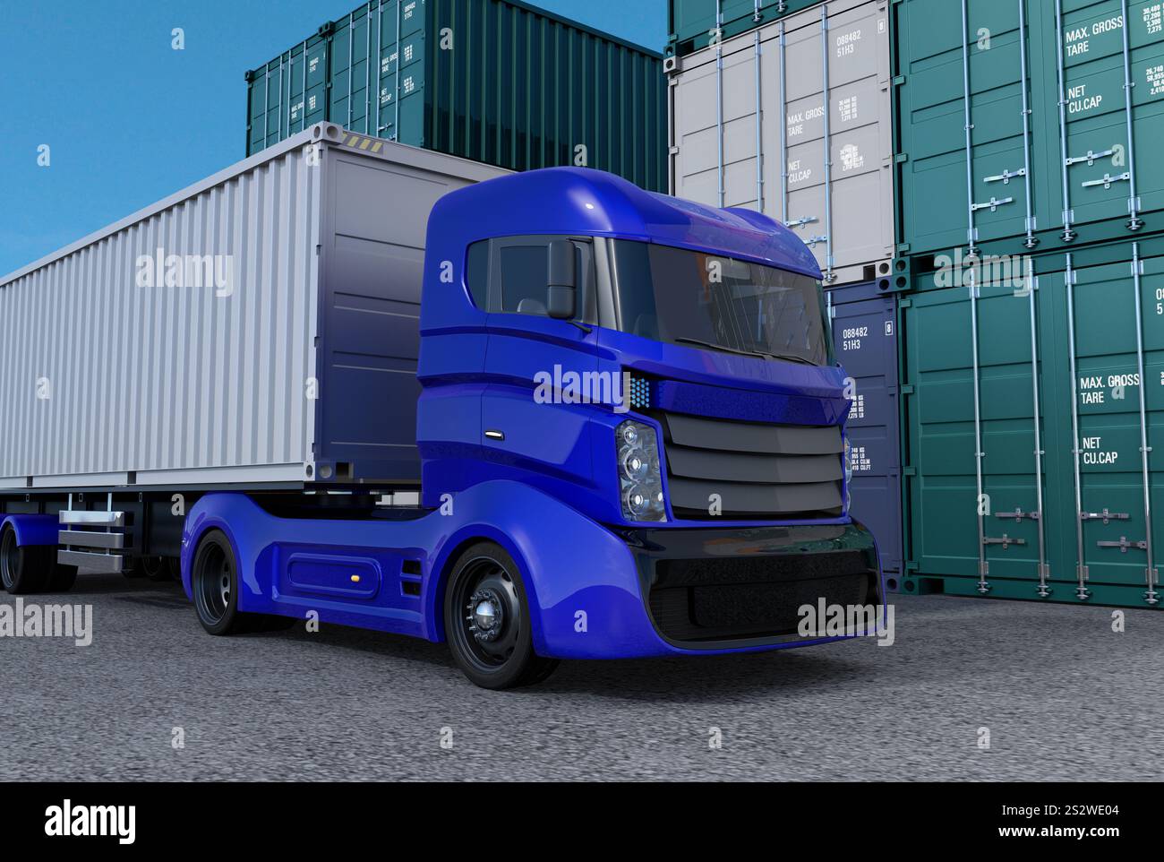 Blue container truck in container yard Stock Photo - Alamy