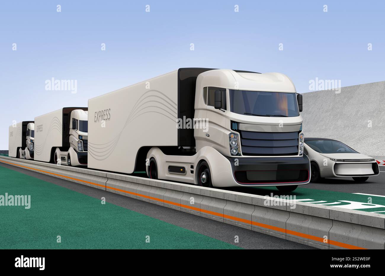 Automated trucks travelling in formation on the non-contact electric vehicle charging lane Stock ...