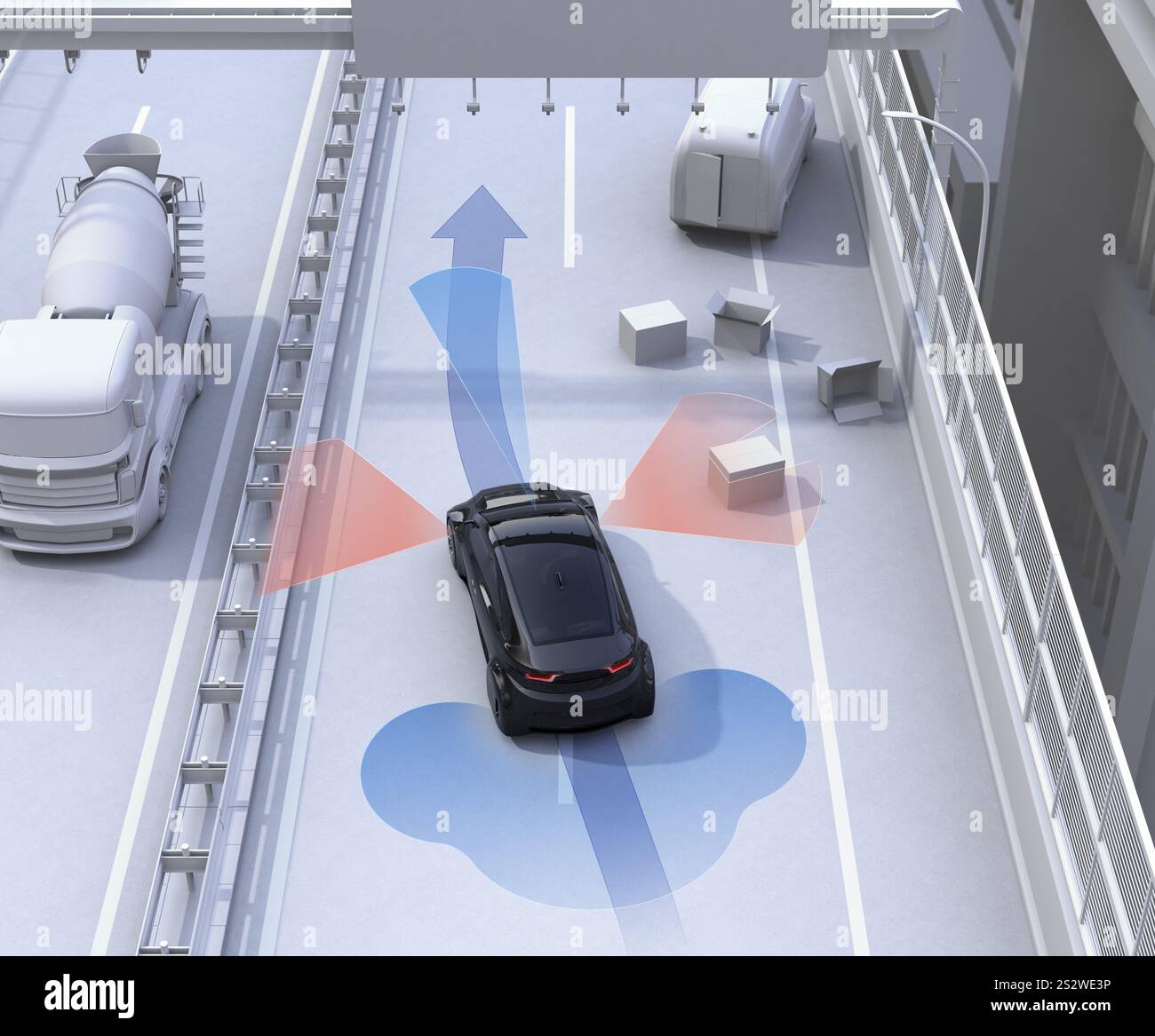 Vehicle avoiding a falling object on the motorway. Concept image of ...