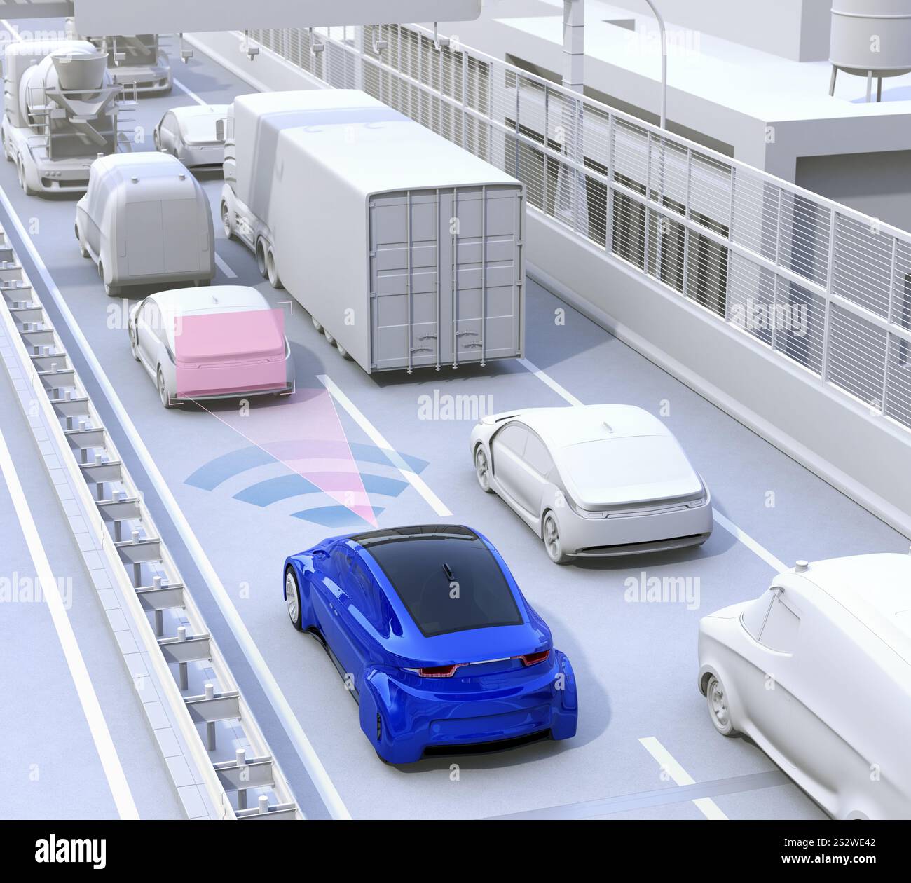 A car following and driving a vehicle in front of it in a traffic jam ...