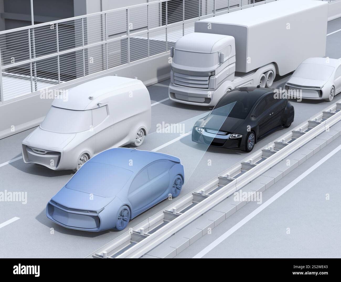 A car following and driving a vehicle in front of it in a traffic jam ...