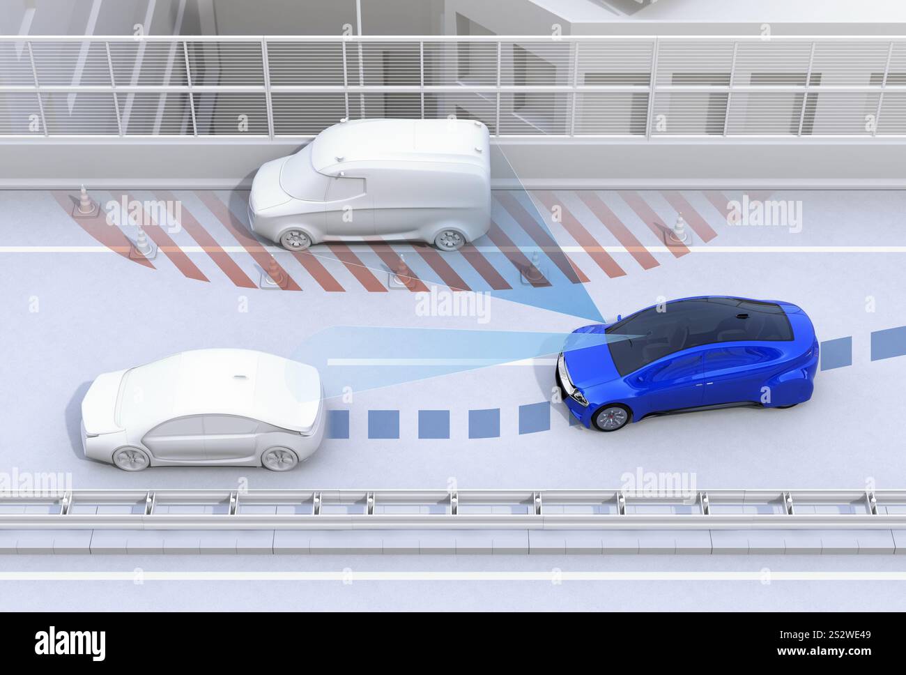 Blue car avoiding a broken down car on the shoulder of a motorway ...