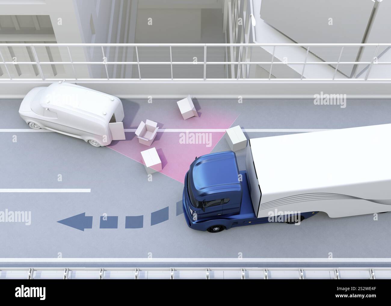Truck avoiding a falling object on the motorway. Concept image of ...
