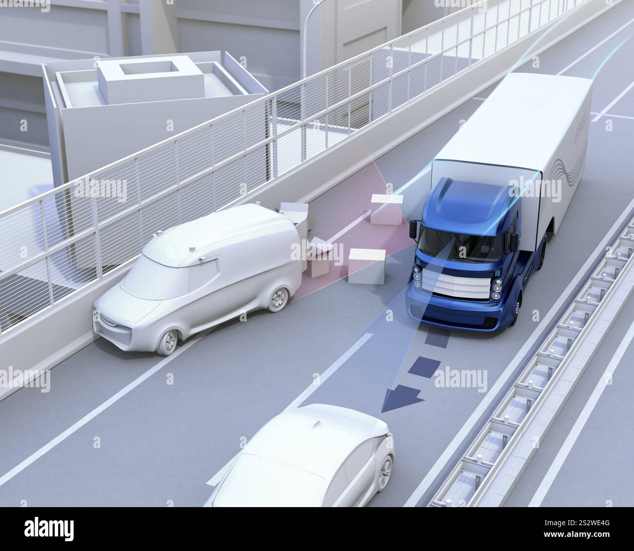 Truck avoiding a falling object on the motorway. Concept image of ...