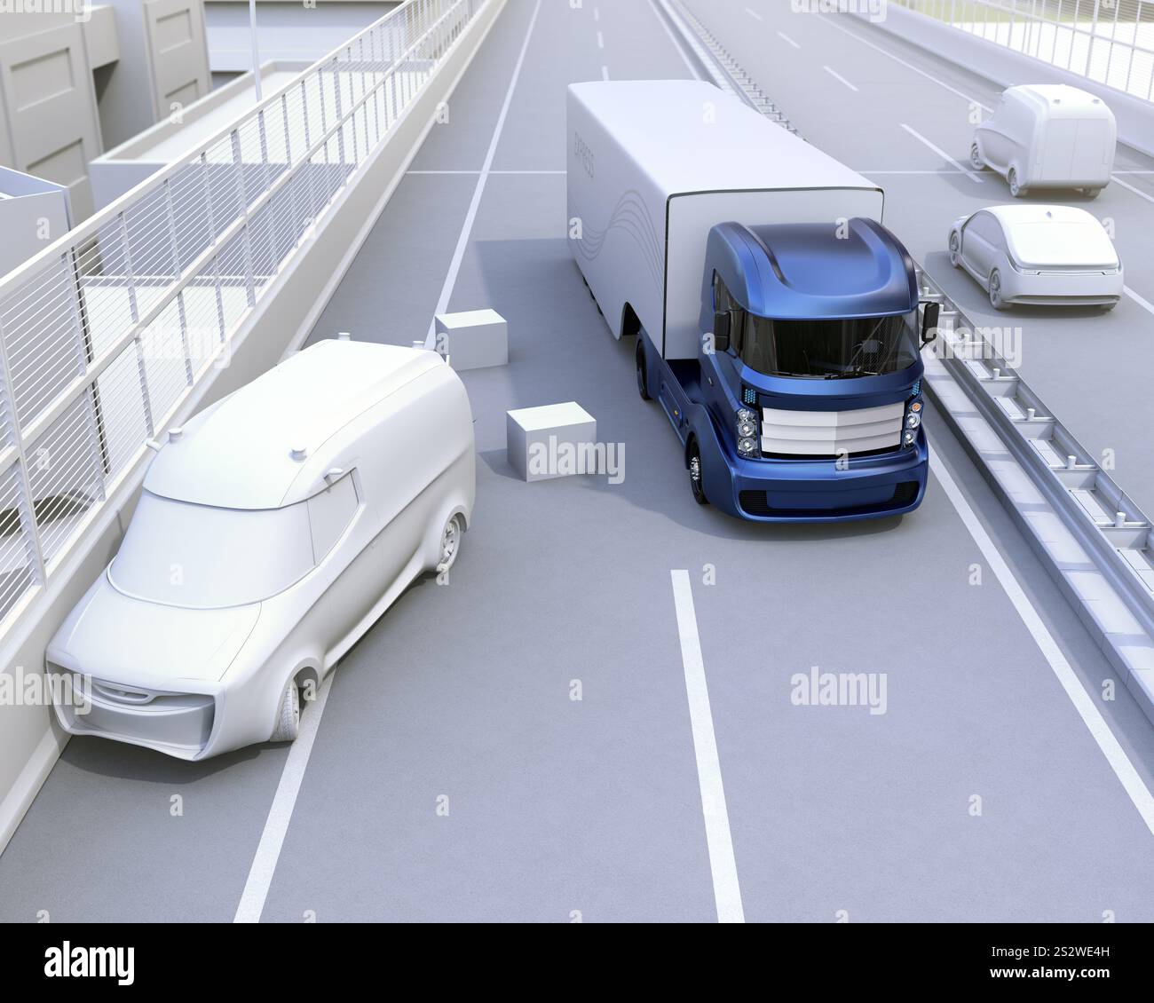 Truck avoiding a falling object on the motorway. Concept image of ...