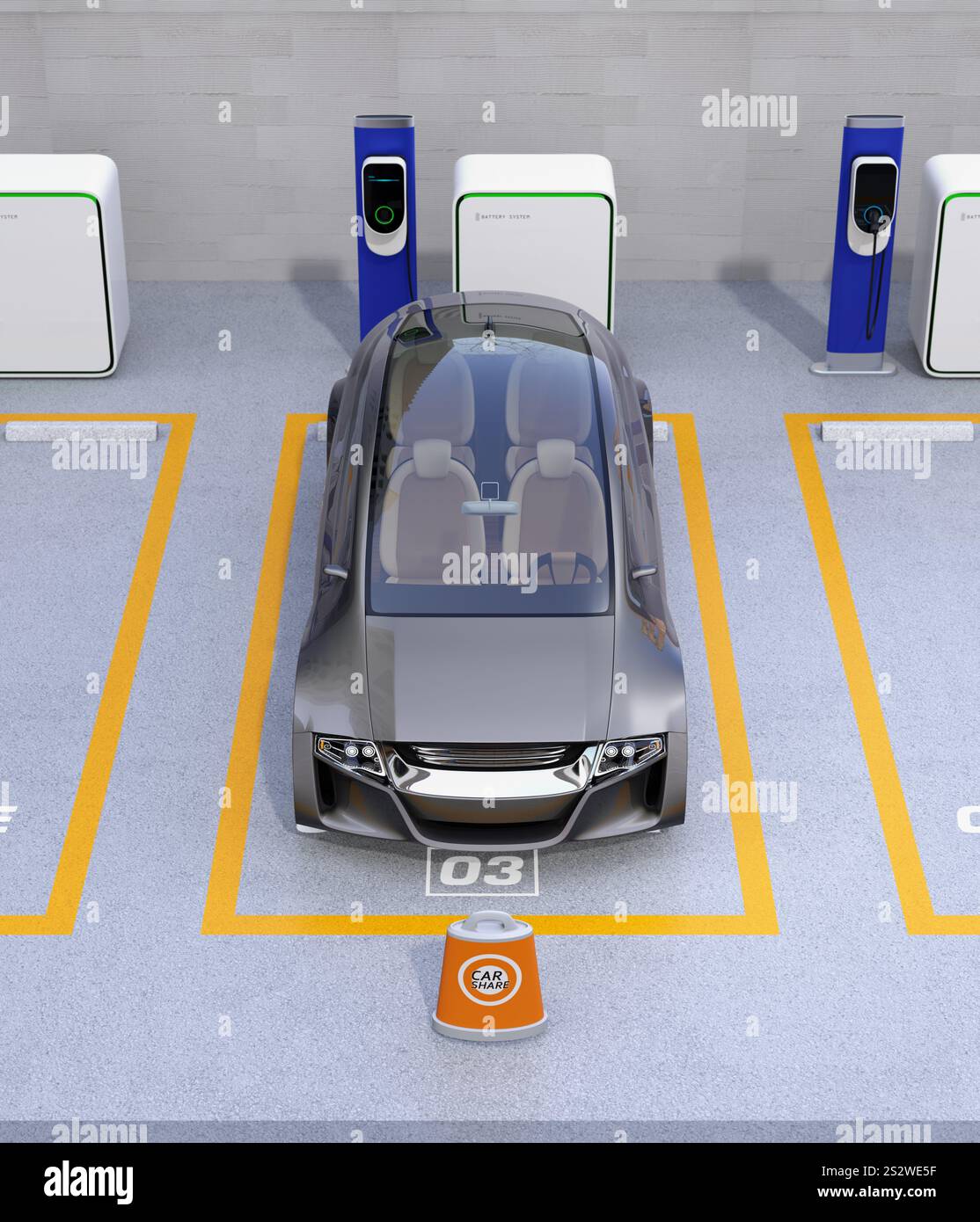 Unmanned electric vehicle parked in a dedicated car-sharing parking lot ...